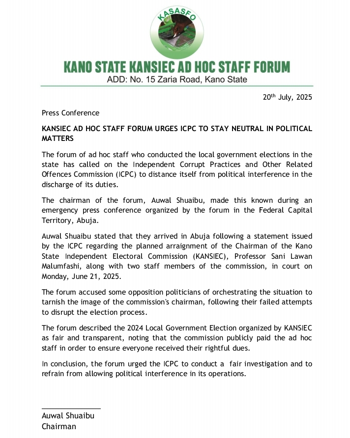 KANSIEC AD HOC Staff Forum Urges ICPC To Stay Neutral in Political Matters